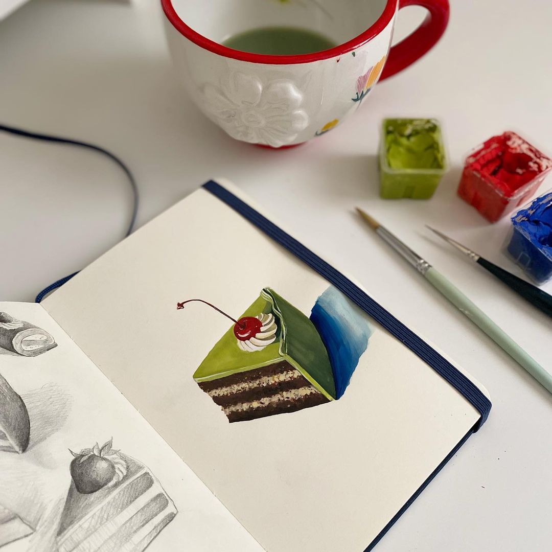 55hl__@instagram on Pinno: Cake sketch 🍒🍰 رسمة سریعة بألوان القواش🫶...